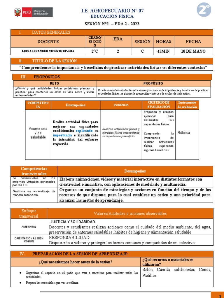 Sesion de Aprendizaje Educacion Fisica 2C 1 Hora | PDF | Evaluación ...