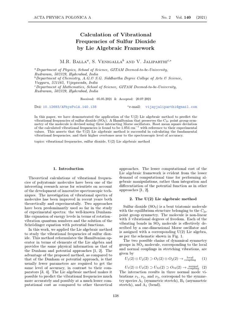 Calculation Of Vibrational Frequencies Of Sulfur Dioxide By Lie Algebraic Framework Pdf 