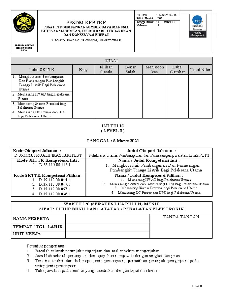 Soal Pembangunan Pemasangan PLTS Pelaksana Utama (LVL 3) | PDF