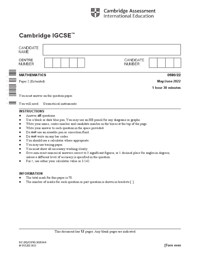 Cambridge IGCSE: Mathematics 0580/22 | PDF