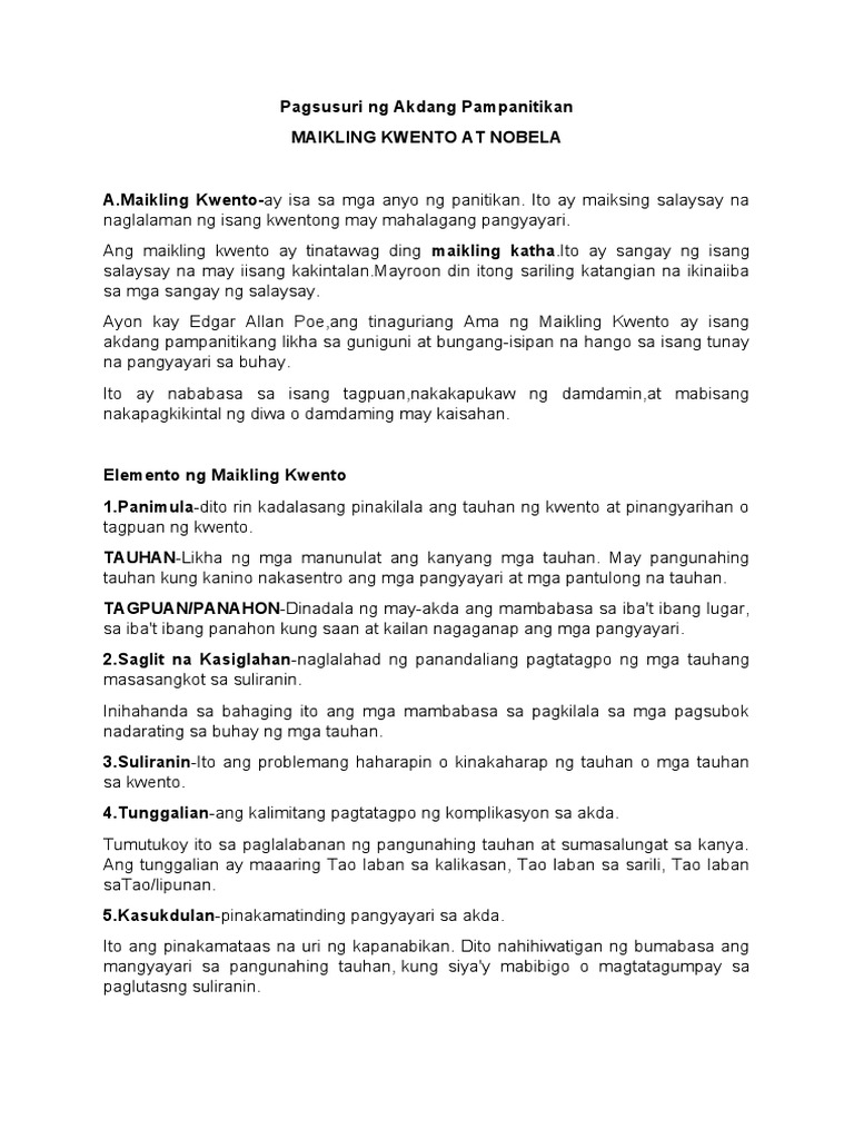 Pagsusuri-ng-akdang-pampanitikan-Nobela-at-Maikling-Kwento | PDF