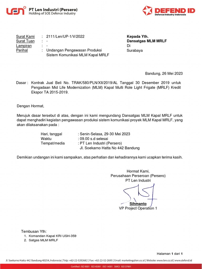 Undangan Pengawasan Produksi Sistem Komunikasi MLM MRLF - Dansatgas-1 ...