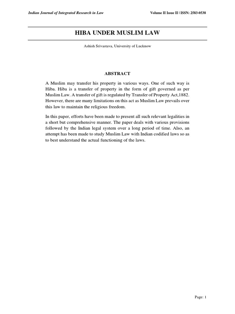 Hiba Under Muslim Law | PDF | Property | Sharia
