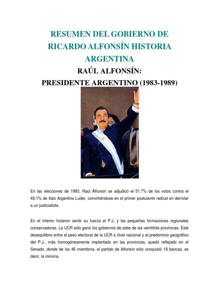 Resumen Del Gobierno de Ricardo Alfonsín Historia Argentina | PDF ...