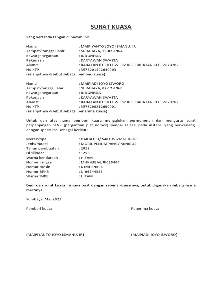 Surat Kuasa Perpanjang STNK | PDF