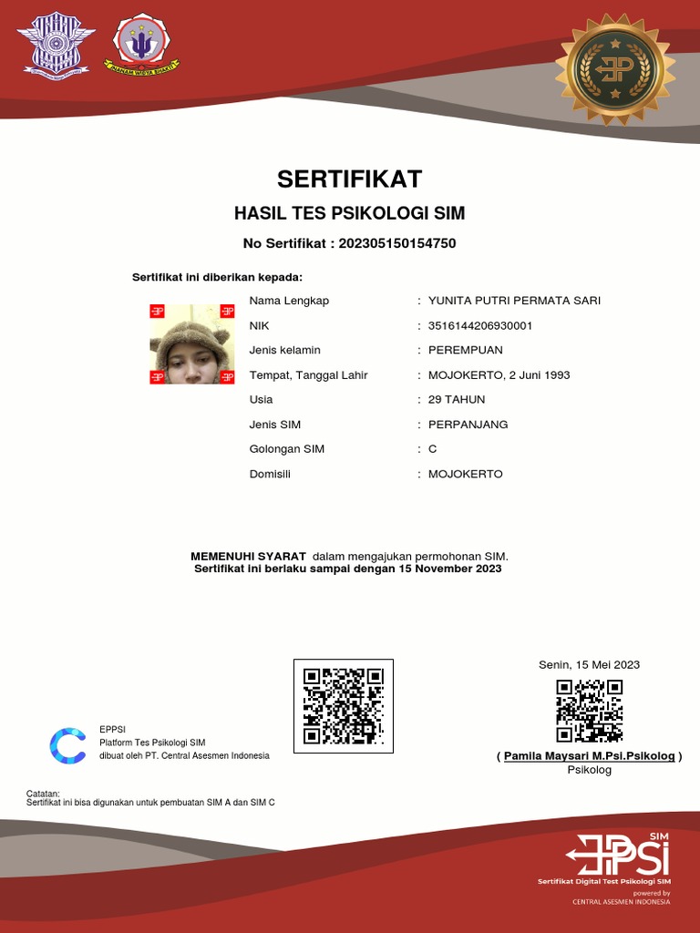 Sertifikat: Hasil Tes Psikologi Sim | PDF