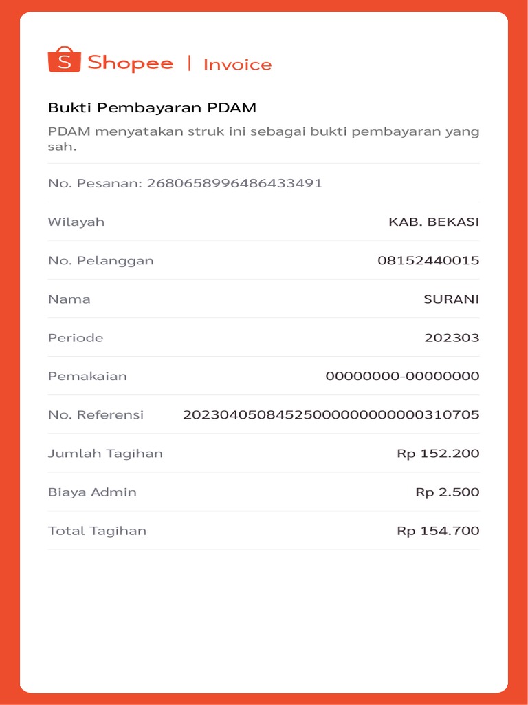 Invoice: Bukti Pembayaran PDAM | PDF