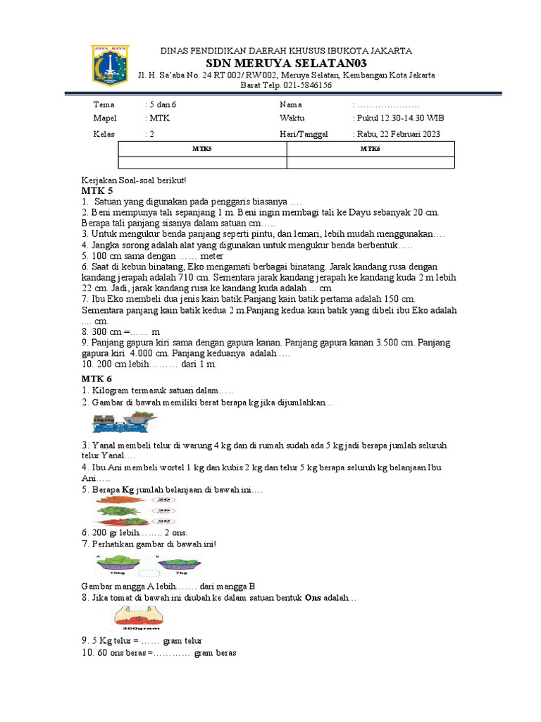 Soal MTK Tema 5 Dan 6 | PDF
