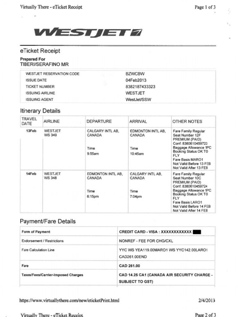 WestJet eTicket Receipt for Travel | PDF