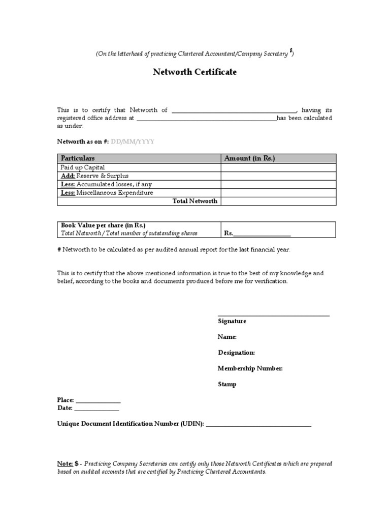 Net Worth Certificate Format by CA | PDF | Finance & Money Management