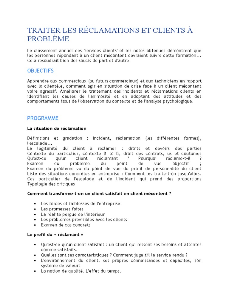 TRAITER LES RÉCLAMATIONS ET CLIENTS À PROBLÈME | PDF
