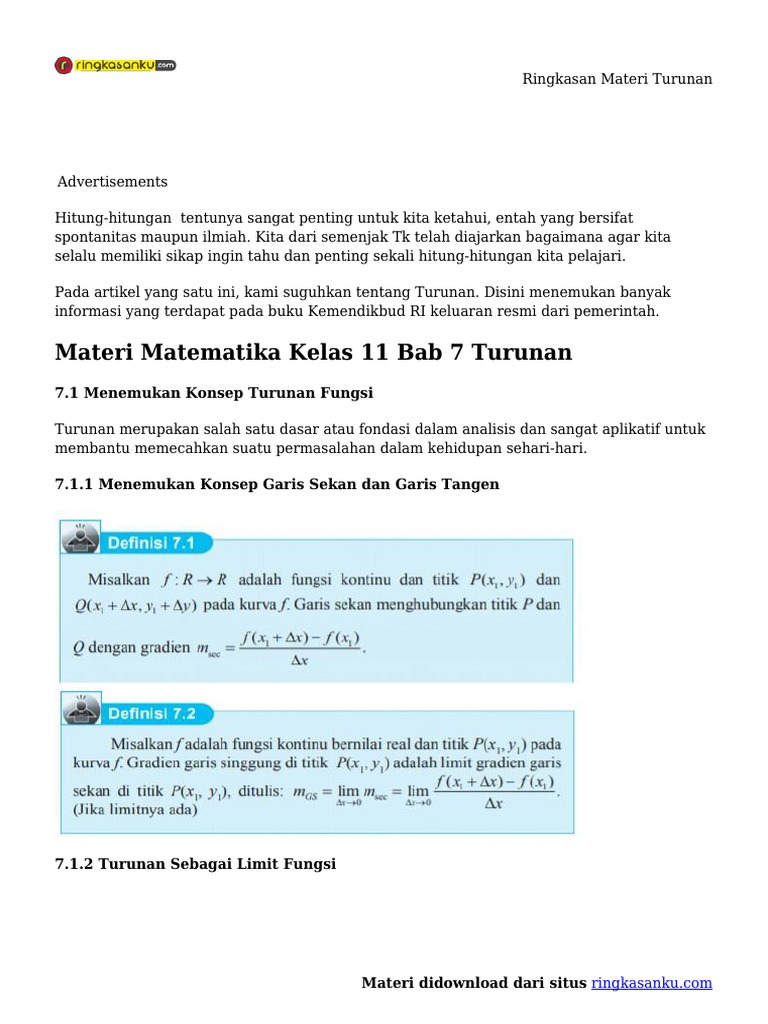 Ringkasan Materi Turunan | PDF