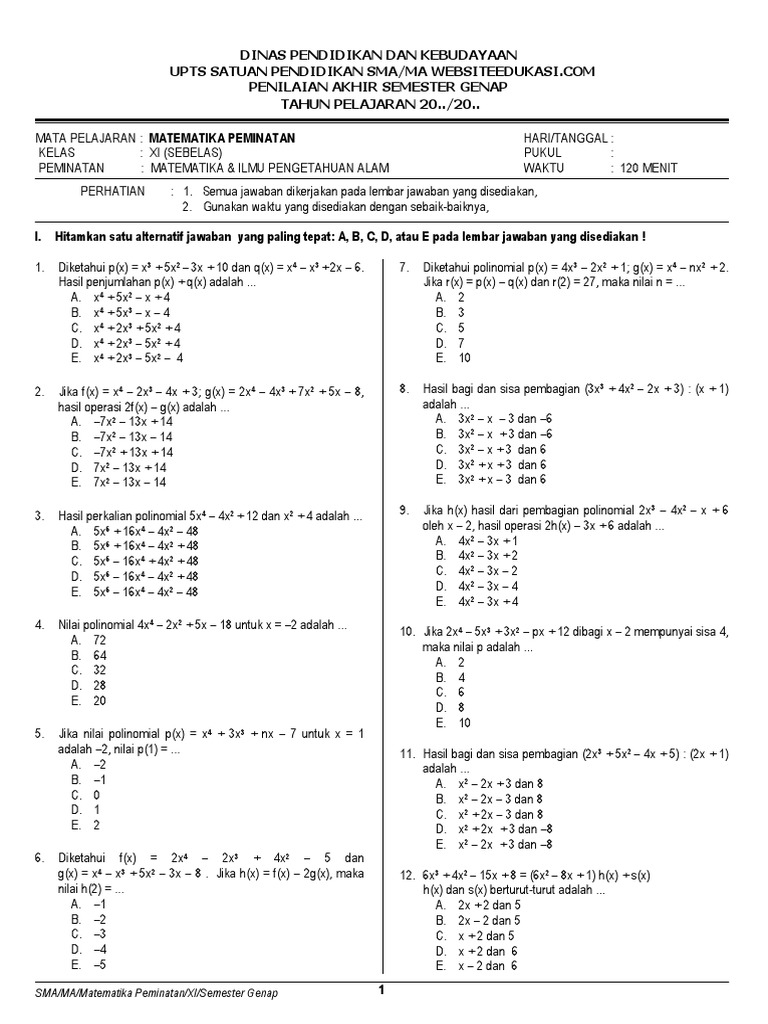 Soal PAT Kelas XI - MTK Peminatan | PDF