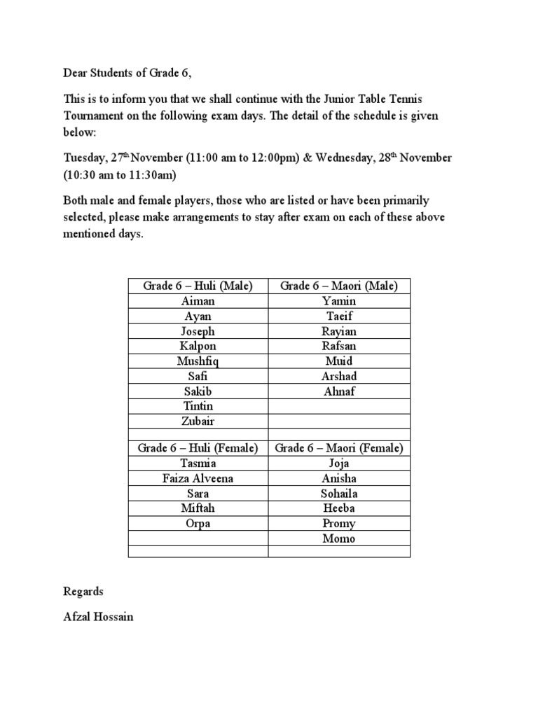 Grade 6 Table Tennis Tournament Schedule | PDF