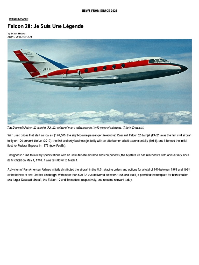 Falcon 20 Business Jet Celebrating 60th Anniversary - Business Aviation News - Aviation ...