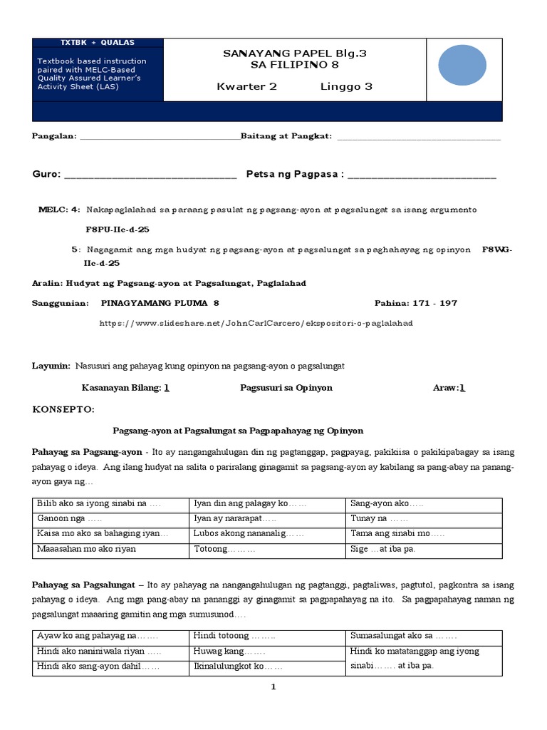 LAS - Q2 - Filipino 8 - W3 | PDF