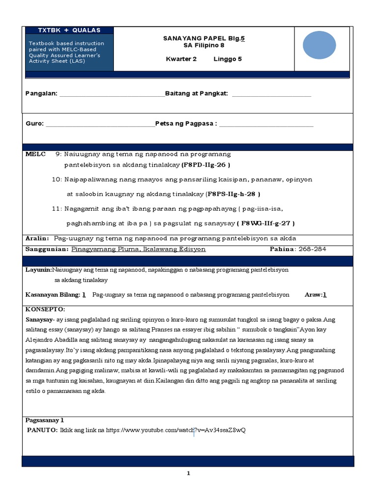 LAS - Q2 - Filipino 8 - W5 | PDF