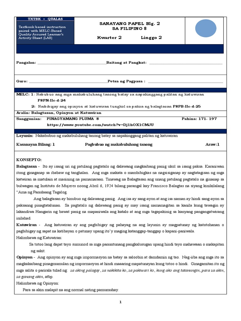 LAS - Q2 - Filipino 8 - W2 | PDF