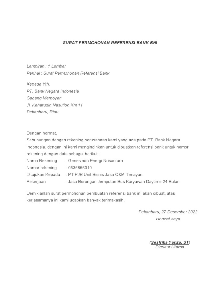 Surat Permohonan Referensi Bank | PDF