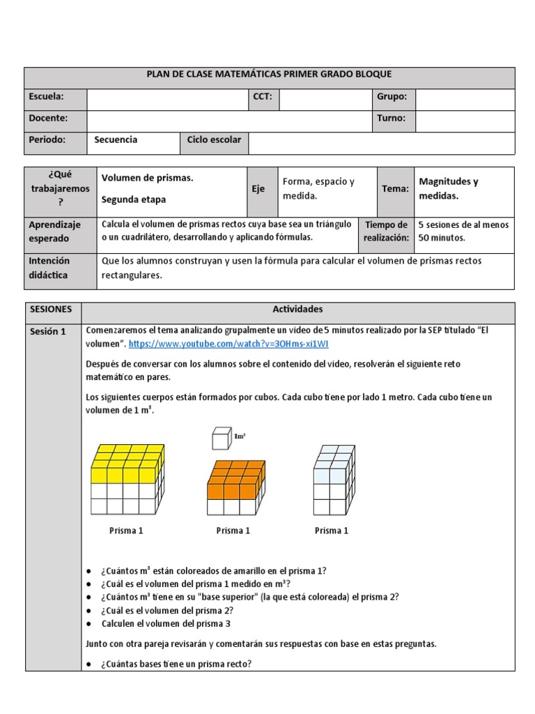 Volumen de Prismas: Plan de Clase | PDF | Triángulo | Volumen