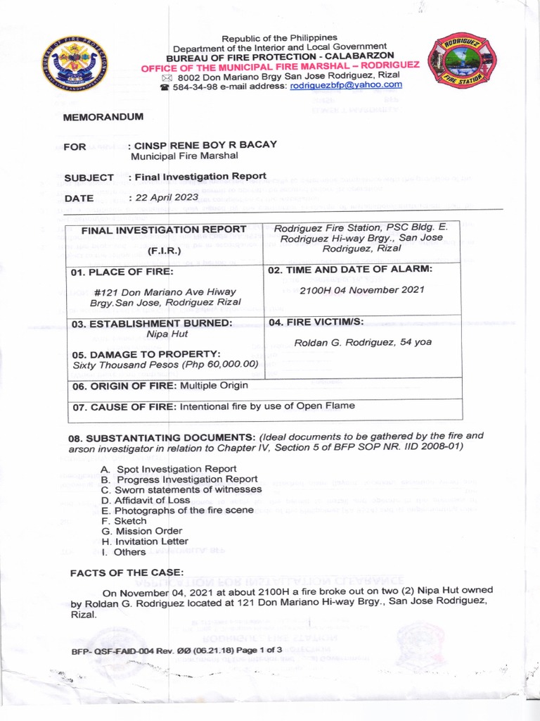 FIR 121 Don Mariano Ave Hiway Brgy San Jose Rodriguez Rizal | PDF