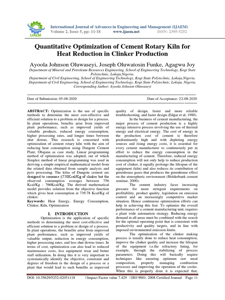 Quantitative Optimization of Cement Rotary Kiln for Heat Reduction in Clinker Production (1) | PDF