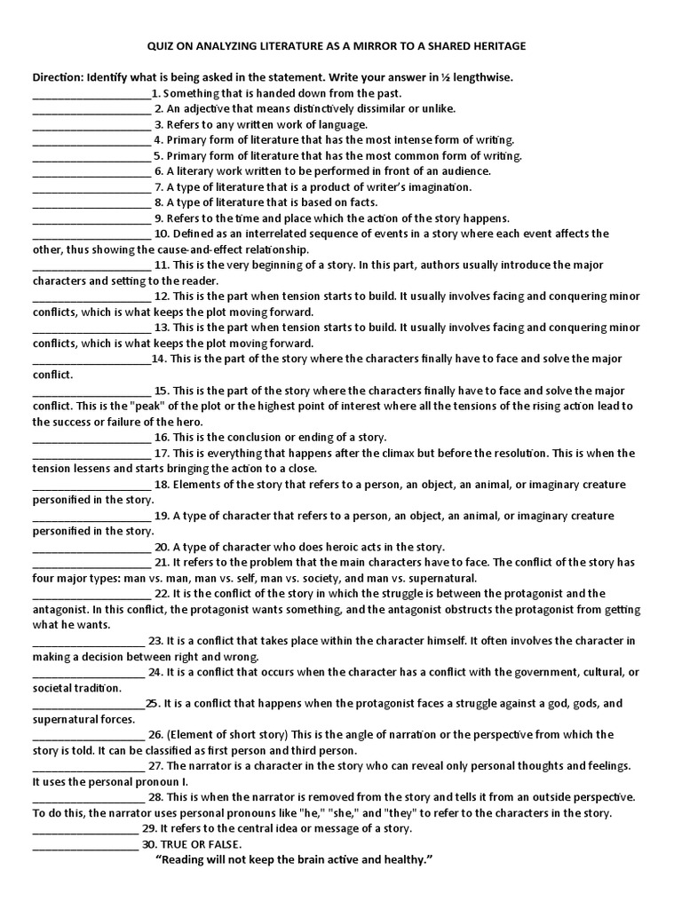 Literature as Heritage: Quiz Guide | PDF | Philosophy | General Fiction