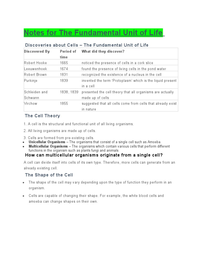 Notes For Cell The Fundamental Unit of Life, Cl-9, Ch-5-1 | PDF ...