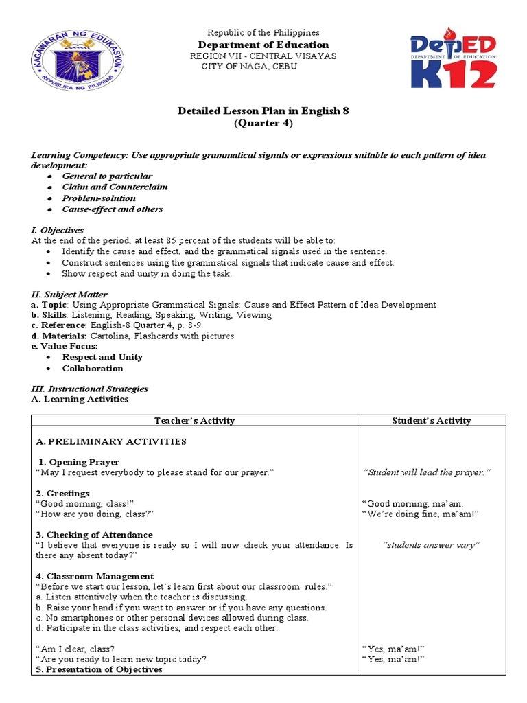 Detailed Lesson Plan in English 8 | PDF
