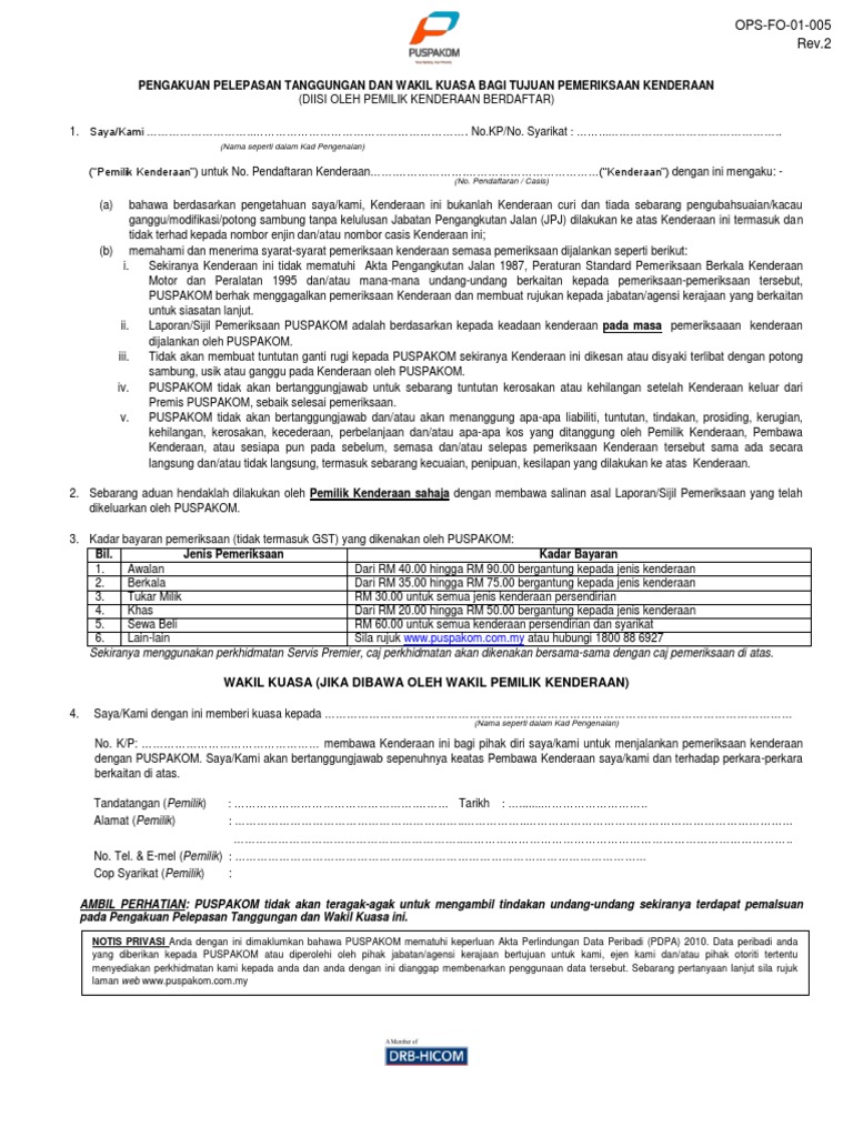 PUSPAKOM - Borang Pelepasan Tanggungan Wakil Kuasa | PDF