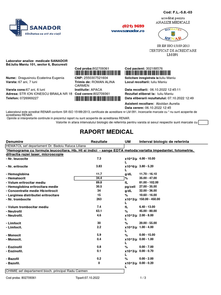 Raport Medical: Cod: F.L.-5.8.-03 | PDF
