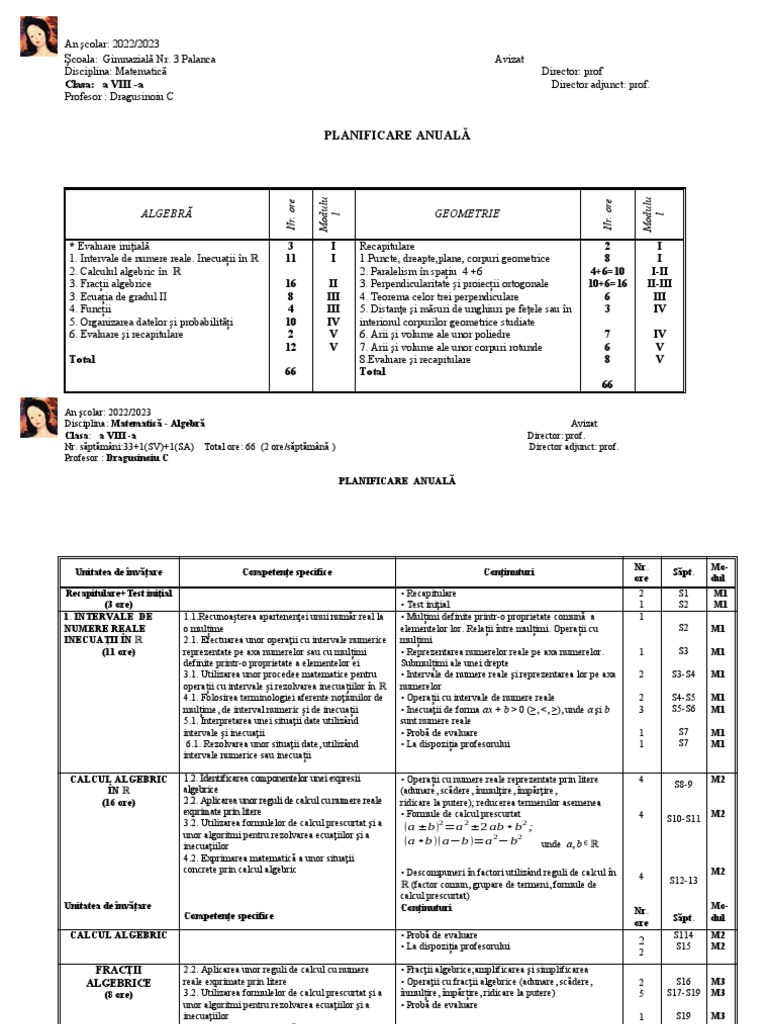 Planificare Matematica Clasa A 8a An Scolar 20222023botan | PDF