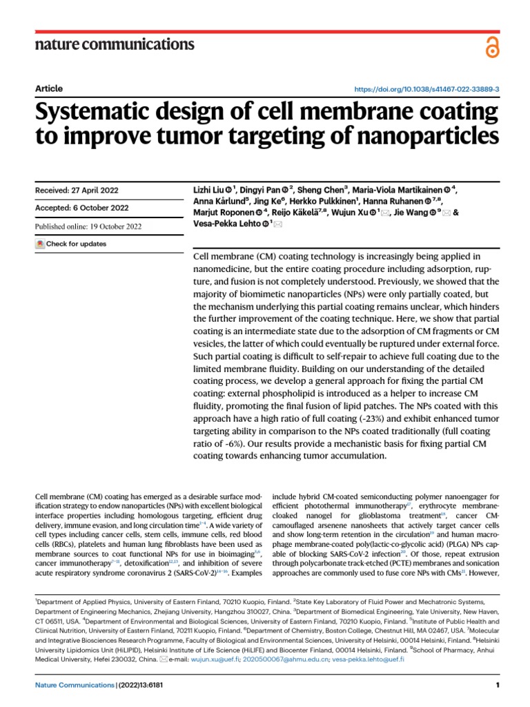 Enhancing Tumor Targeting via Cell Membrane Coating | PDF | Lipid ...
