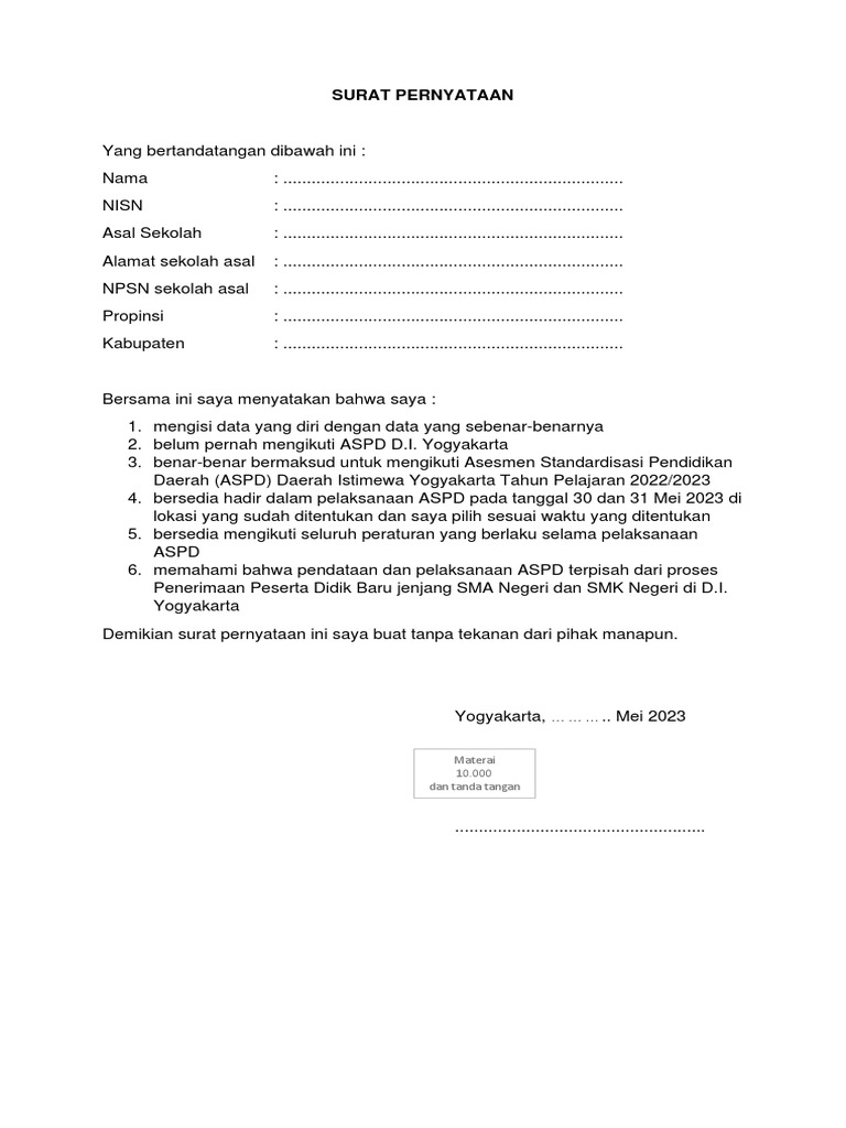 Surat Pernyataan ASPD Luar DIY | PDF