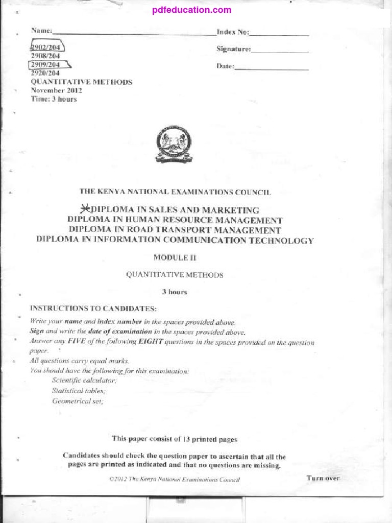 Quantitative Methods Module II KNEC Past Papers November 2012 | PDF