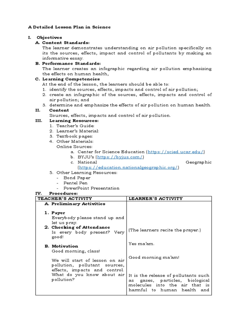 A Detailed Lesson Plan in Science | PDF | Atmosphere Of Earth | Pollution