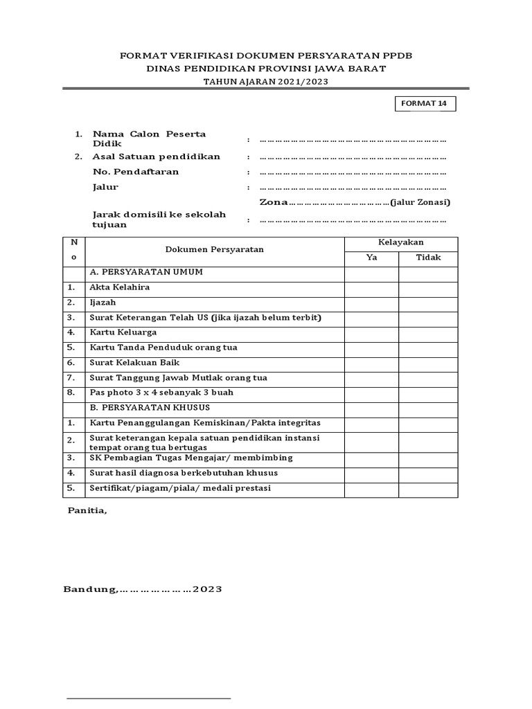Format Verifikasi Dokumen Persyaratan PPDB | PDF