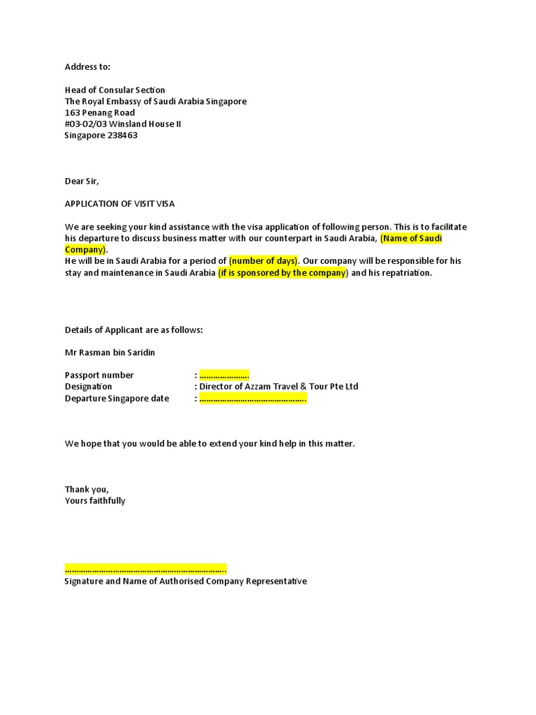 Saudi Arabia Visit Visa Application Letter | PDF