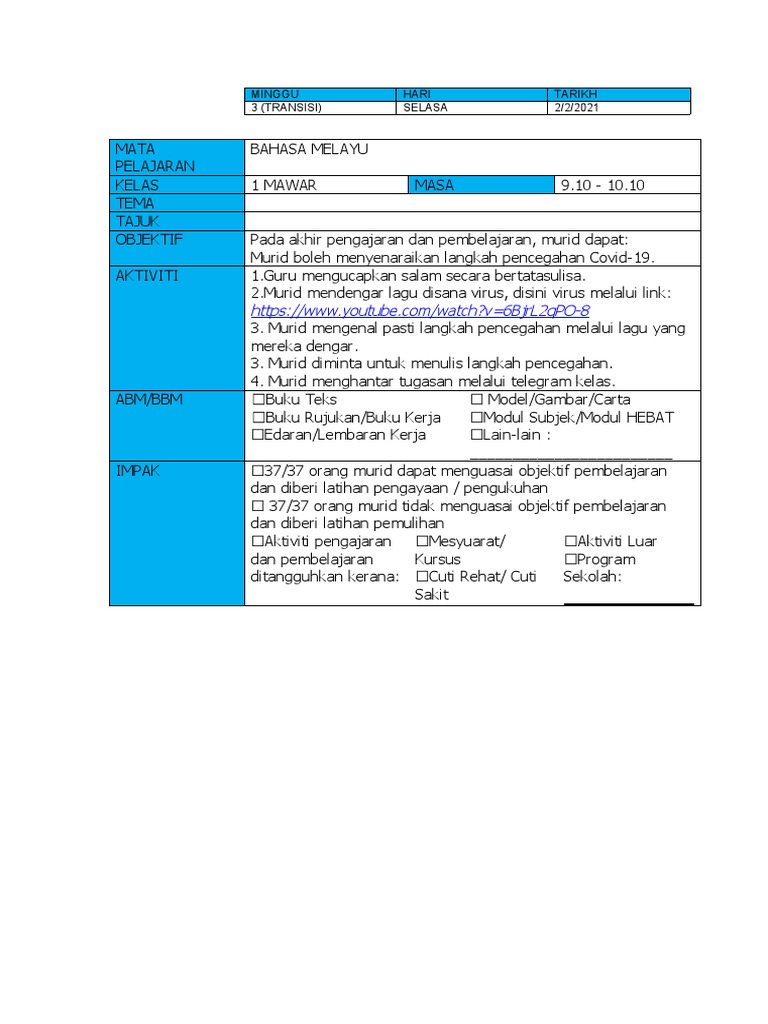 RPH BM Tahun 1 | PDF