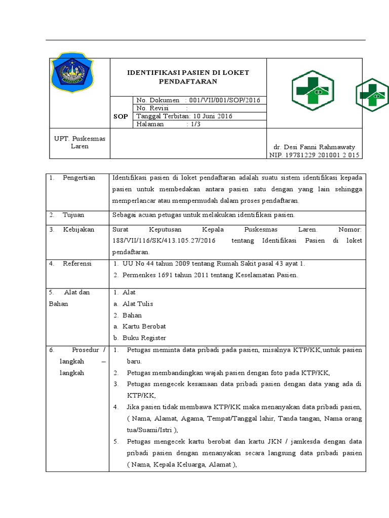 SOP IDENTIFIKASI PASIEN DI LOKET PENDAFTARAN Edit | PDF