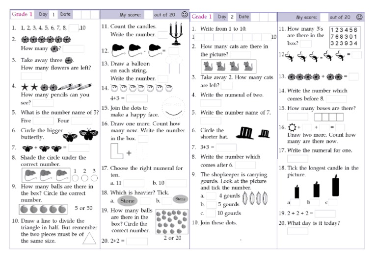 Mental Math Test Grade 1 | PDF