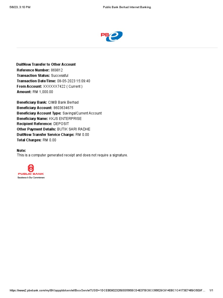 DuitNow Transfer Receipt - Public Bank | PDF