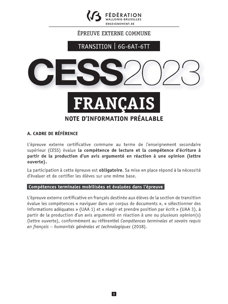 CESS Français 2023 Transition Note D Info (Ressource 17645) | PDF
