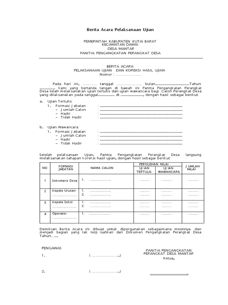 Berita Acara Pelaksanaan Ujian Versi A | PDF