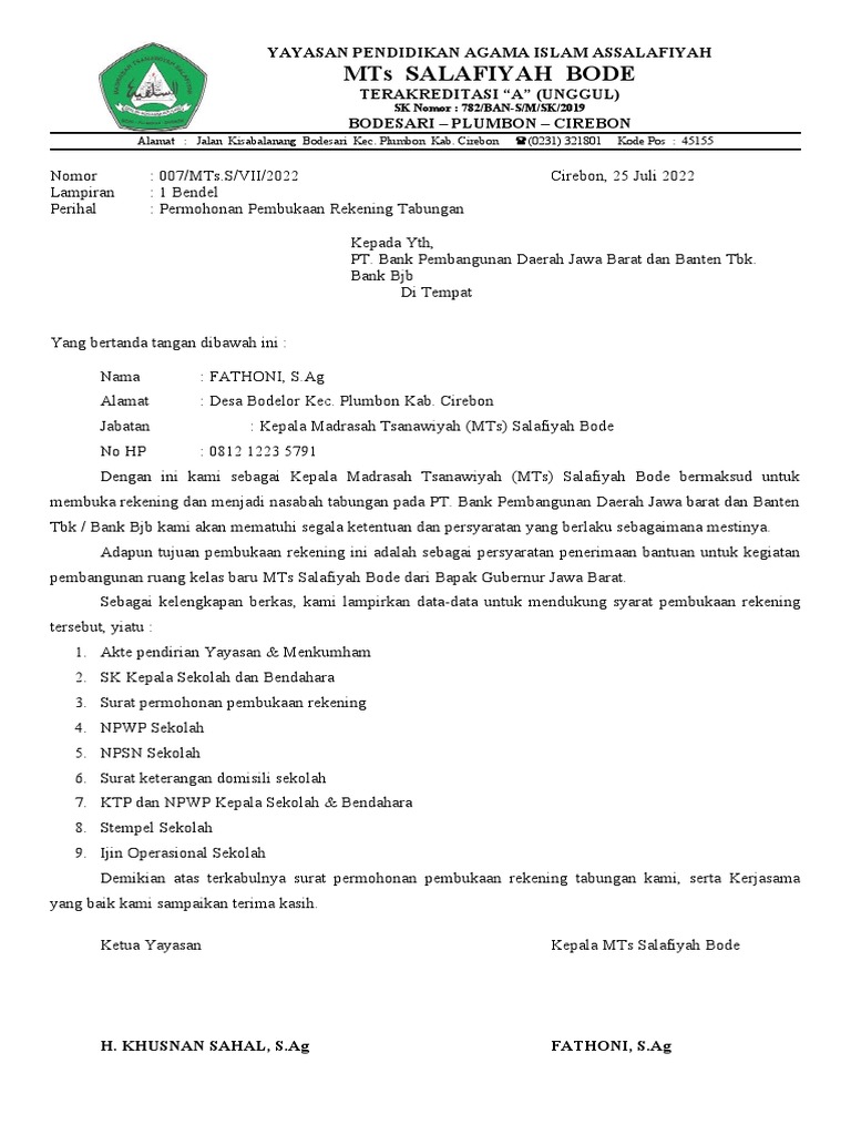 Surat Permohonan Pembukaan Rekening Bank BJB | PDF