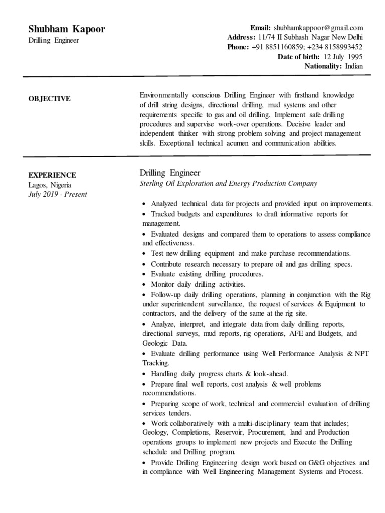 Shubham Kapoor Resume.docx | PDF | Oil Well | Engineering