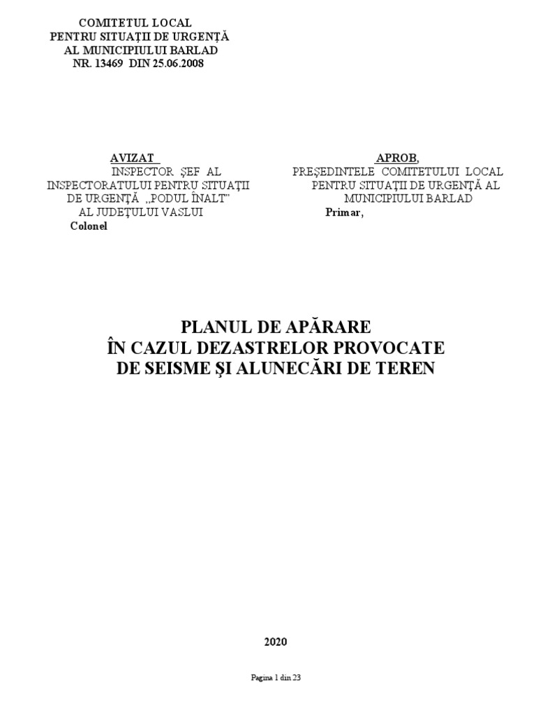 Plan Aparare Impotriva Seismelor Si Alunecari de Teren 2020 | PDF