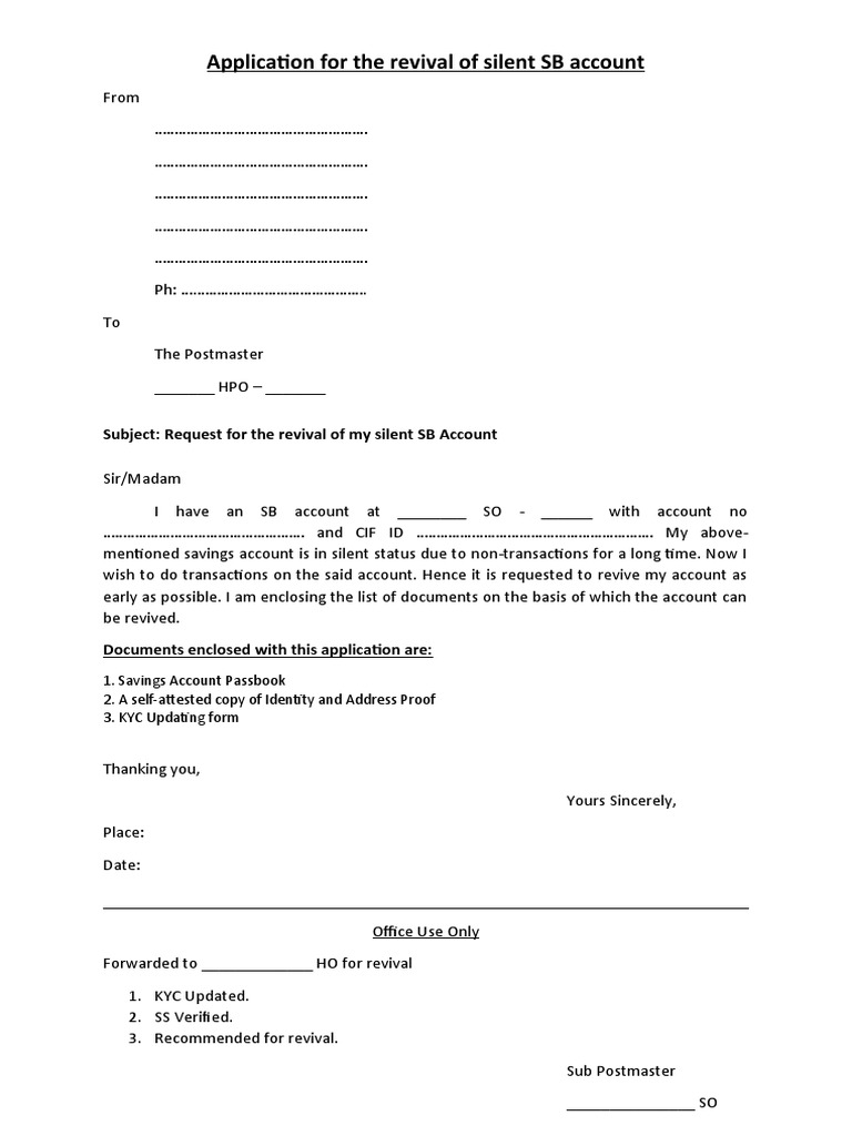 Silent SB Account Revival Application | PDF