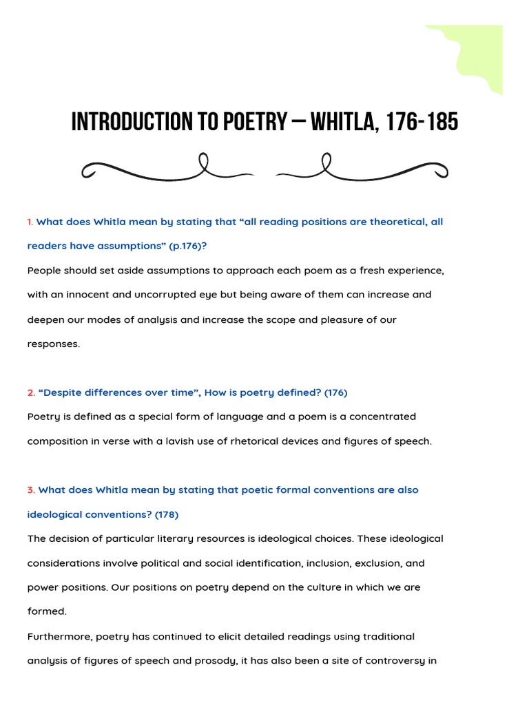Introduction To Poetry - Whitla, 176-185 | PDF | Metre (Poetry) | Poetry