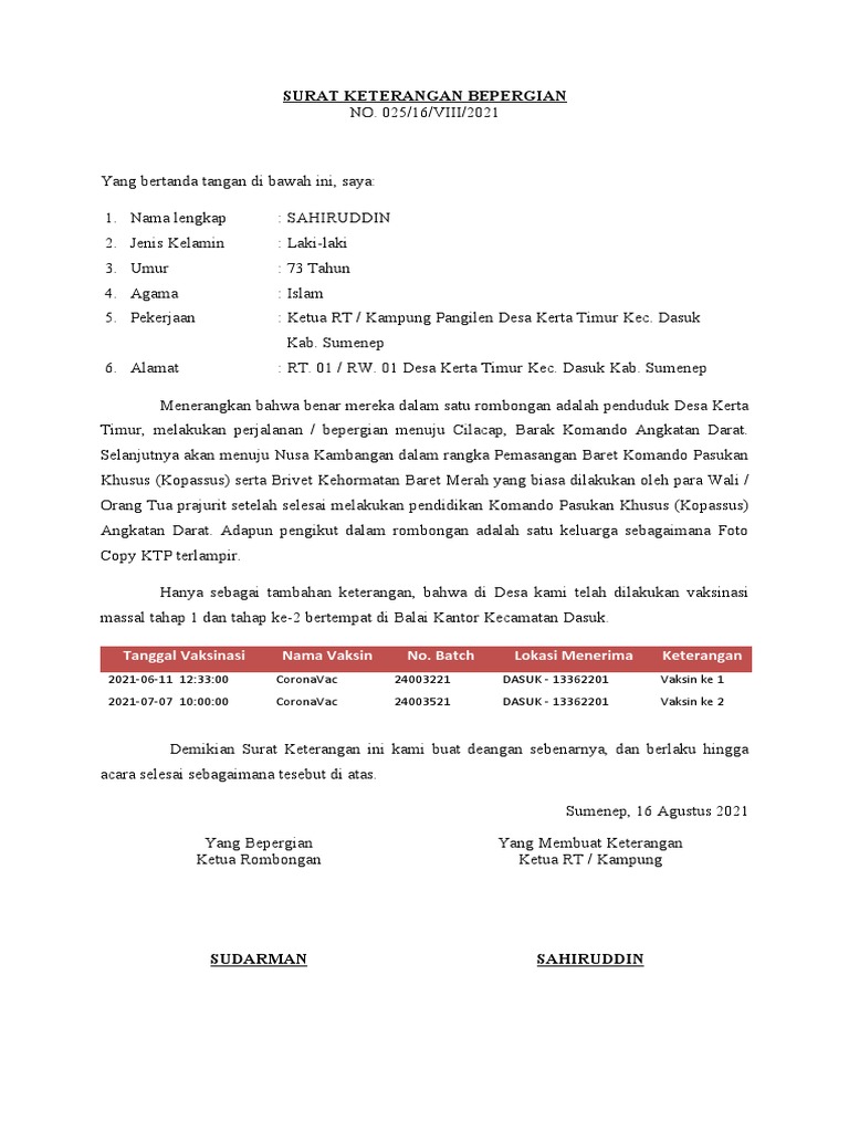 Contoh Surat Keterangan Bepergian | PDF